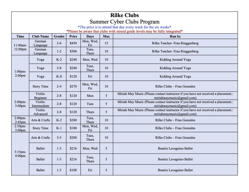 Club List – Rilke Schule Inc.